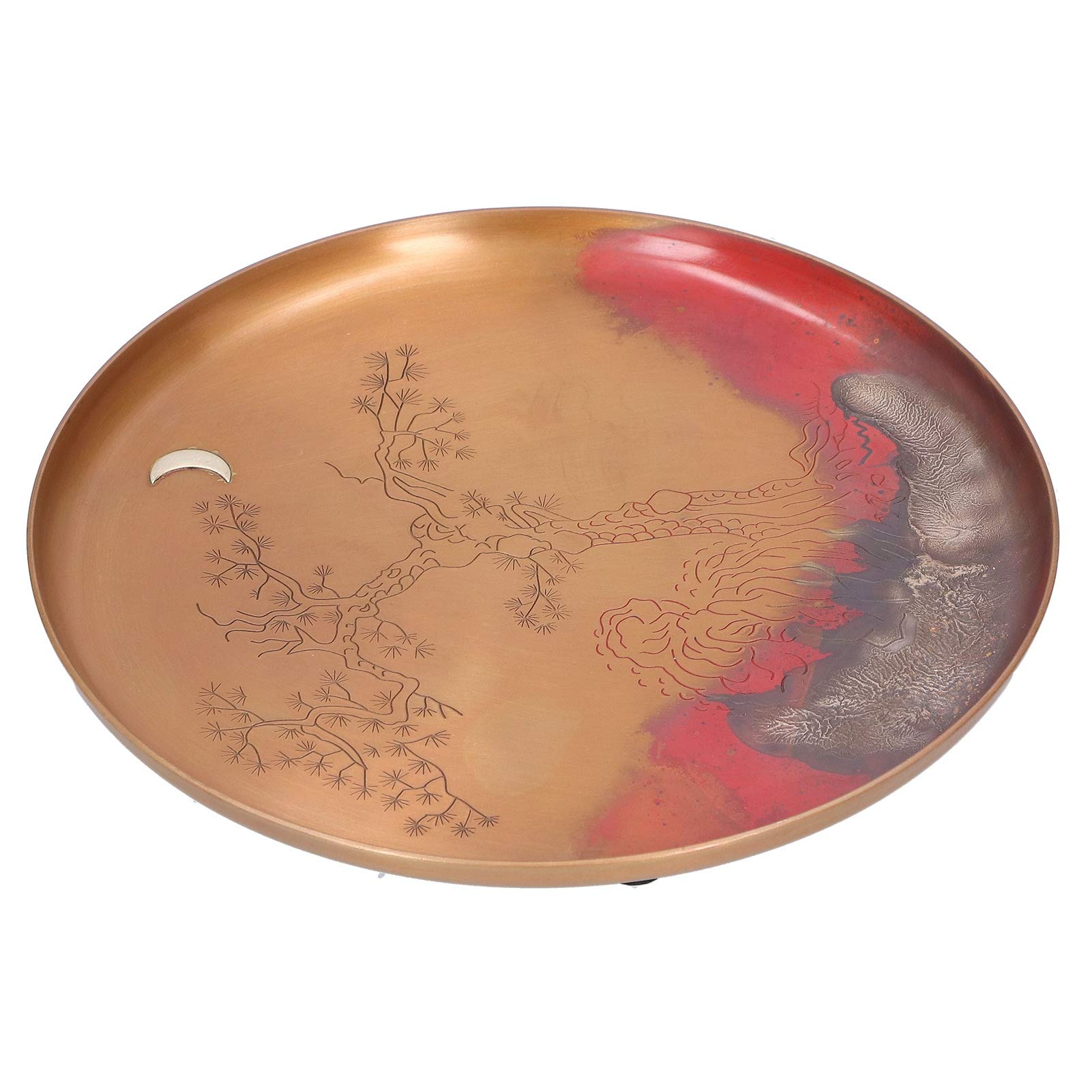 DEPILA Round Pine Tree Pattern Pot Holder, Tea Tray Japanese Style Hand Made Tea Cup Holder Red Copper Plate Teaware for Home Use Dish