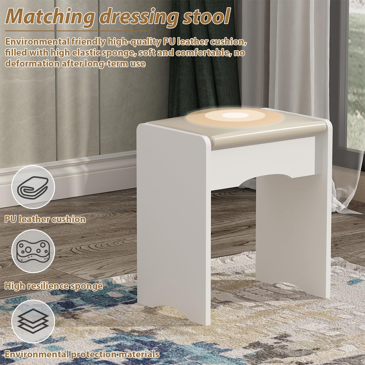 FUFU&GAGA Vanity Set with Mirror, Makeup Vanity Dressing Table with 5 Drawers, Shelves, Dresser Desk & Cushioned Stool Set (White, No Light)
