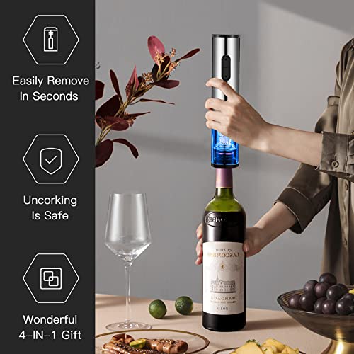 VIDYSUFYR Electric Wine Bottle Opener Set- Silver, Automatic Wine Bottle Opener with Led Light, Rechargeable Corkscrew Kit with Aerator,Foil Cutter,Stoppers
