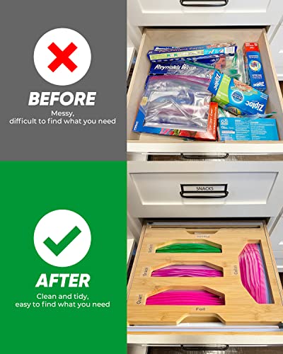 ONUEMP Ziplock Bag Storage Organizer for Kitchen Drawer, Aluminum Foil and Plastic Wrap Dispenser with Slide Cutter Fits 12" Roll, Bamboo Baggie Organizer Holder for Gallon, Quart, Sandwich and Snack