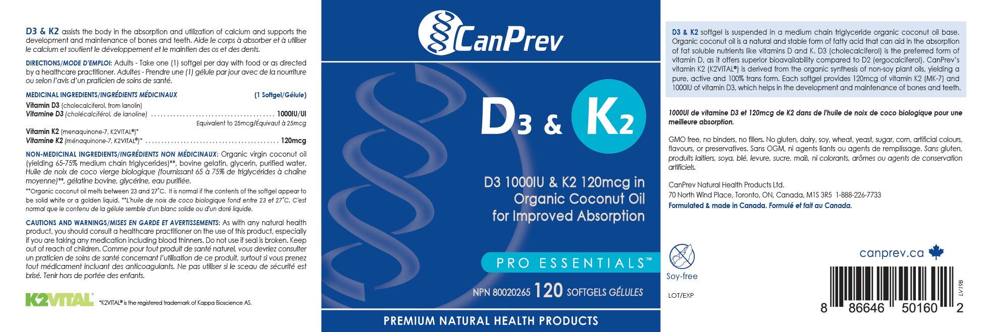 CanPrev D3 & K2 - Organic Coconut Oil (120 softgels)