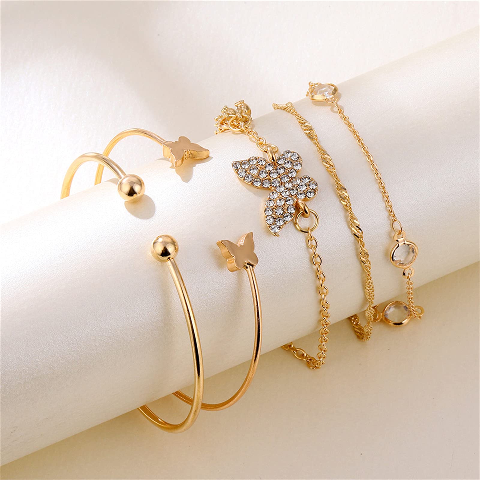 Caiyao Layered Stacking Link Chain Butterfly Bracelet Bangle Set Bohemian Paperclip Rhinestone Bead for Women 14K Gold Plated Animal Jewelry-D butterfly-2