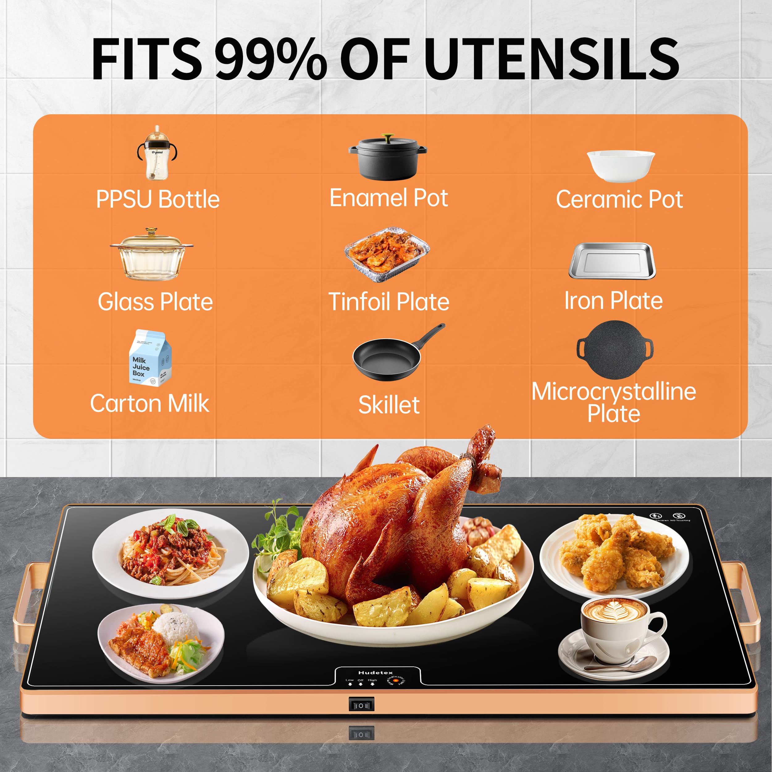 Electric Warming Tray(Large 24"x16"),Food Warmer with Thermostat and Full Surface Heating,Food Warming Mat with 2 Temperature Modes for Parties Buffet,Gatherings,Gold Edge Handles Warming Mat for Food