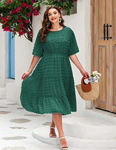 IN'VOLAND Womens Chiffon Elegant Plus Size Dresses Swiss Dot Babydoll Short Sleeve Party Midi Dress Dark Green