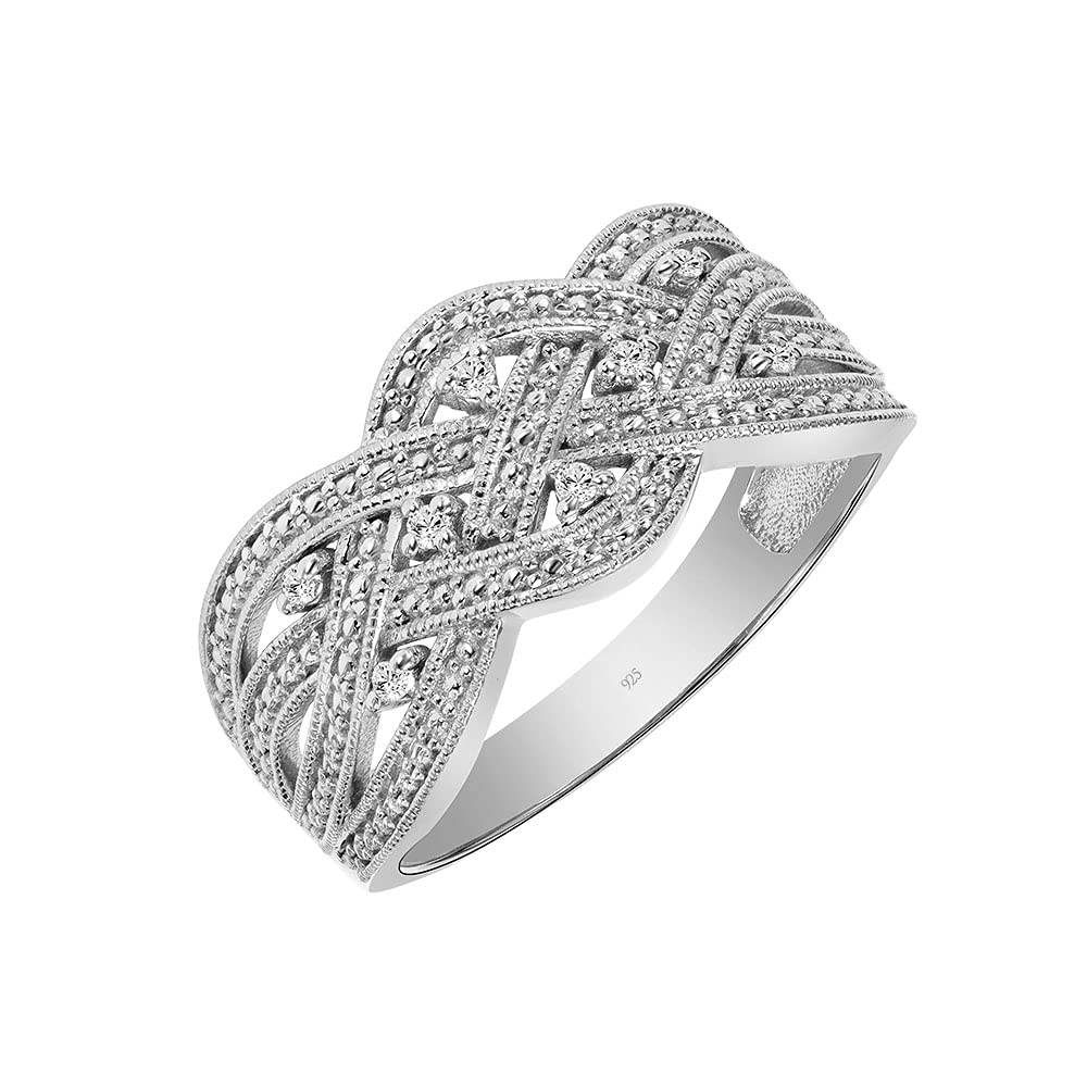 Braided Diamond Wedding Rings for Women; Anniversary or Promise Rings for Her in 925 Sterling Silver, Vintage Wide Braid Womens Wedding Band, 0.04 Cttw (I-J Color, I2-I3 Clarity), Size 8, by Brilliant