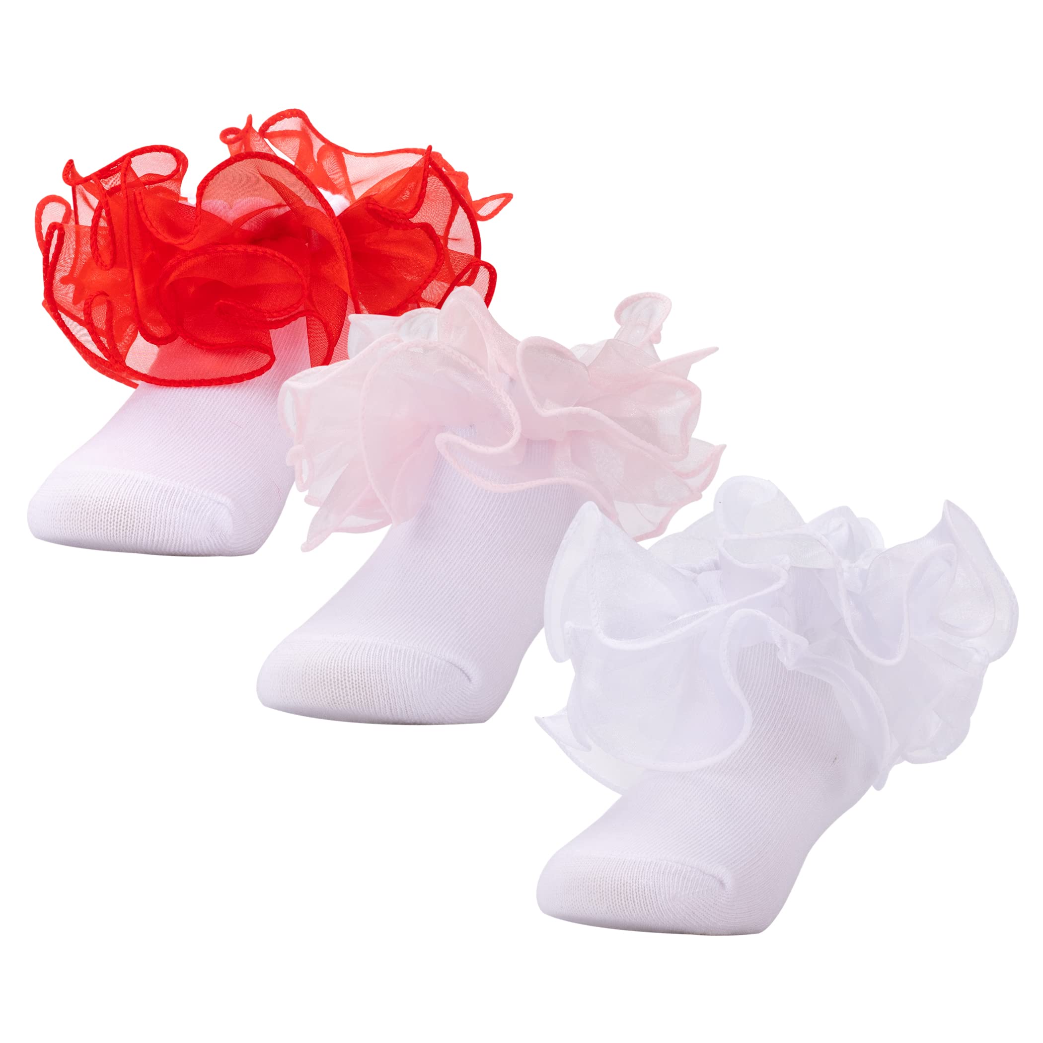 Dicry Baby Girls Double Lace Socks with Ripple Cuffs and Big Ruffle for Infants (GWhite Pink Redold, 6-12 Months)