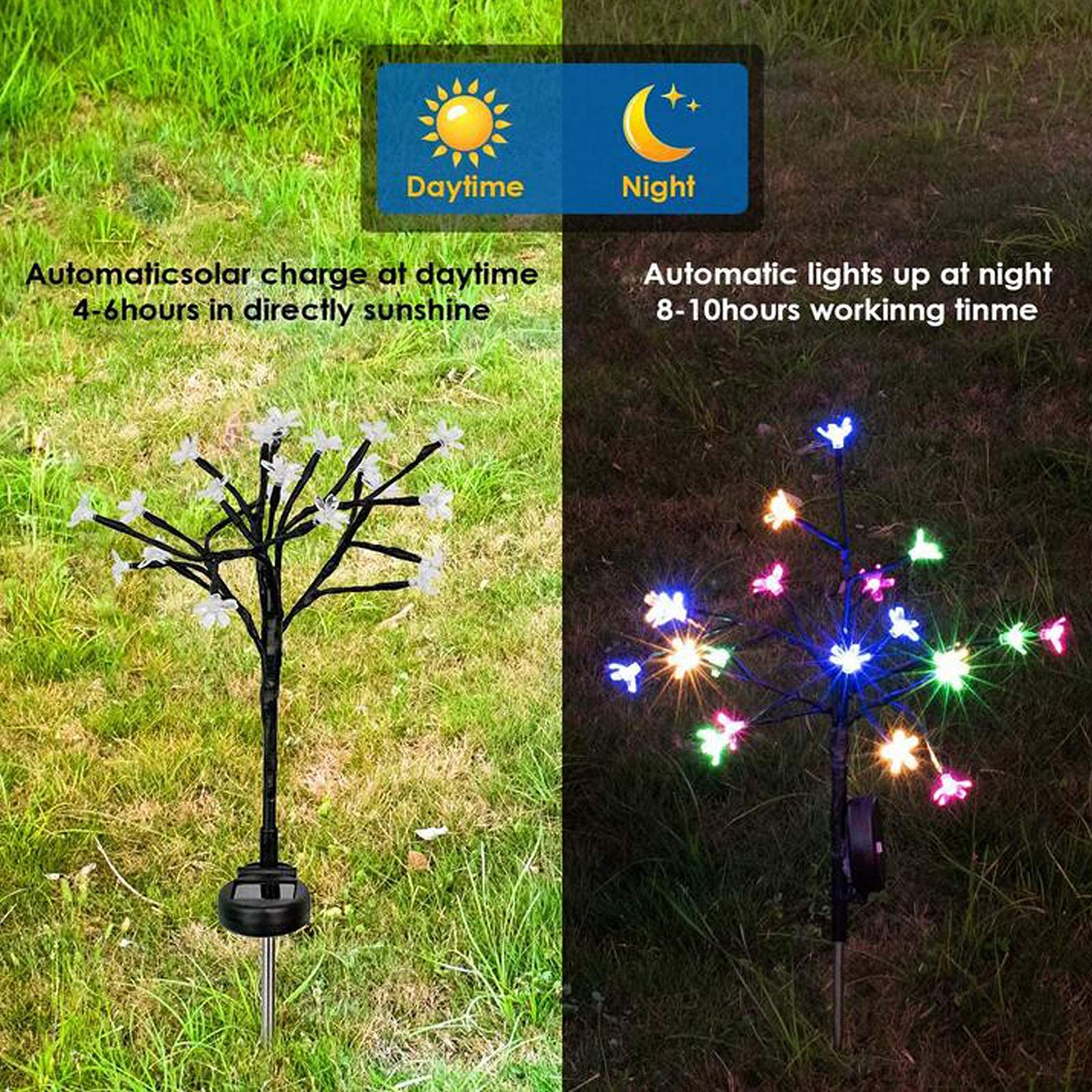 Solar Garden Tree Lights Outdoor Decoration - 2 Pack Solar Flower Lights with 40 Cute Fairy Christmas Leds ,Rechargeable Solar Powered Landscape Decorative Lights for Yard, Lawn, Walkway, Home Decor