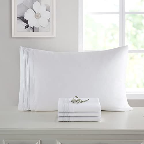 Bed Sheets Full Size Set - 4 Pieces - Double Brushed, 2200 Series, High Thread Count Microfiber - Wrinkle Free - Non Pilling - Double Elastic Corners - Four Lines Embroidery - Easy Fit (Full, White)