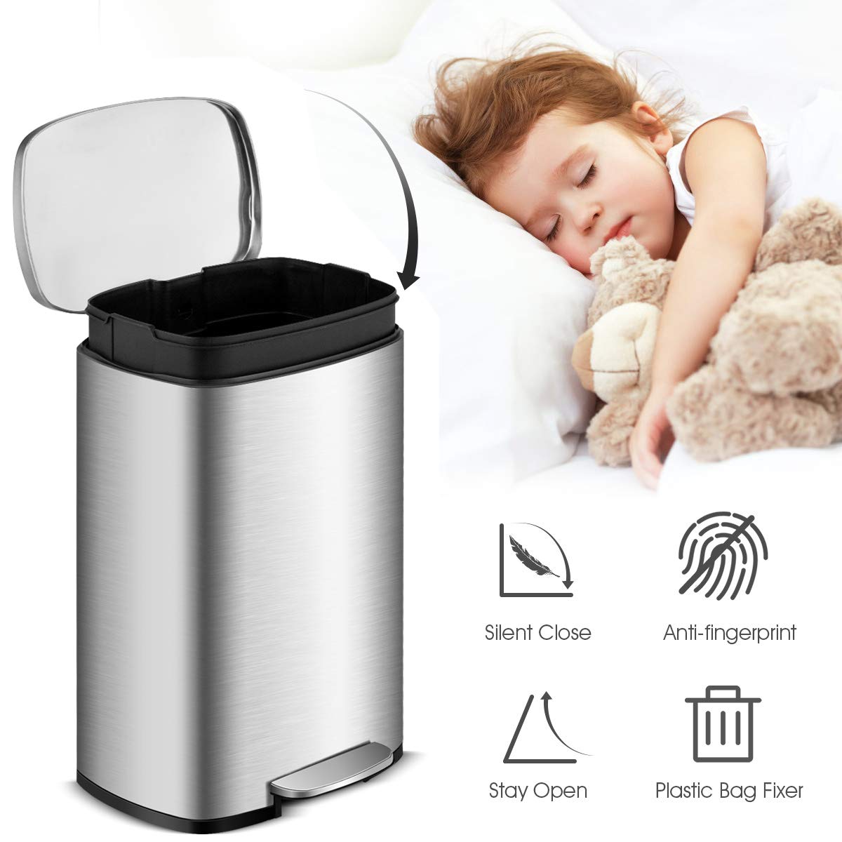 Goplus 13.2 Gallon/ 50 L Kitchen Trash Can, Anti-Fingerprint Touchless Waste Bin with Soft-Closing & Stay Open, Step-On Stainless Steel Garbage Can for Living Room Home Office