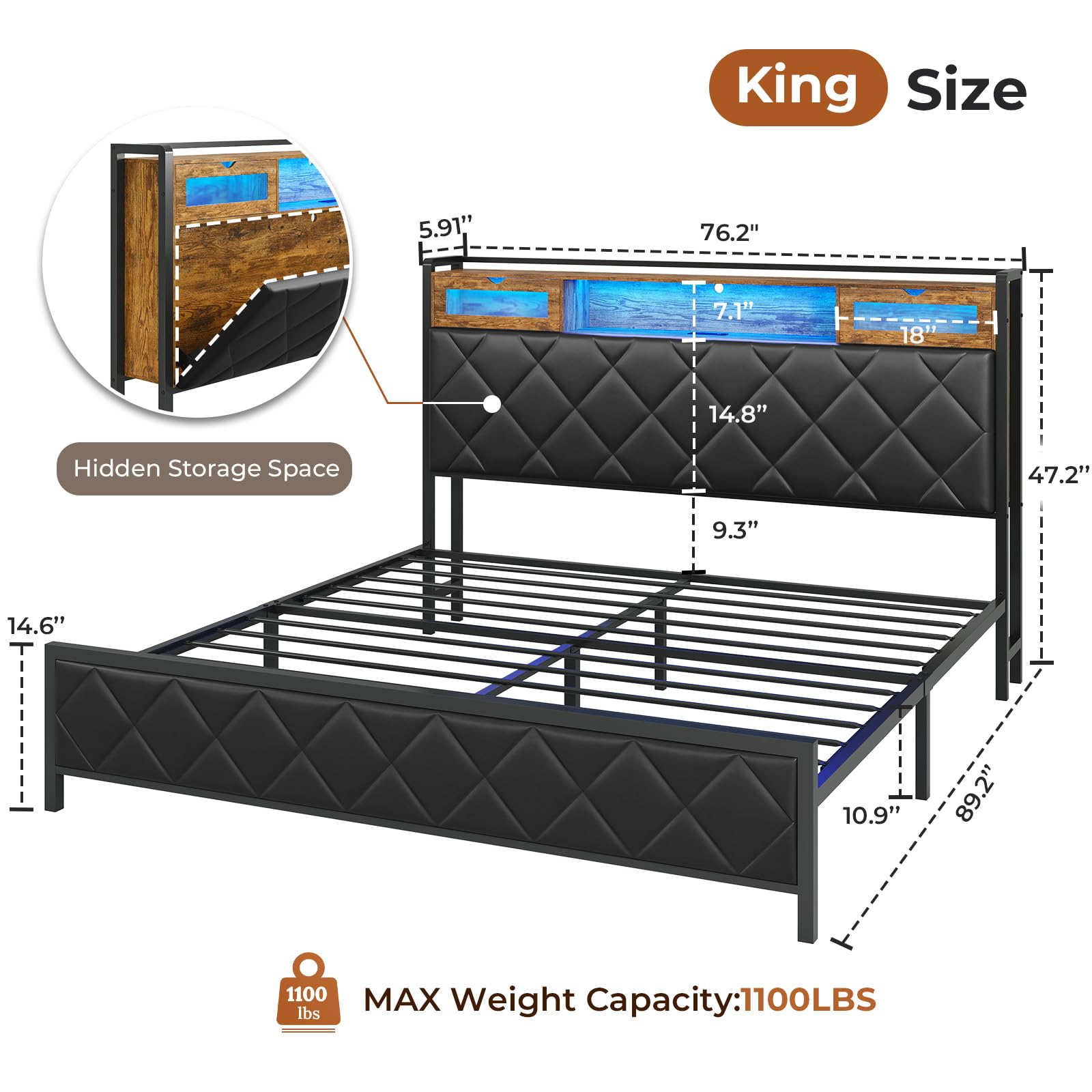 DICTAC King Size Bed Frame, Storage Headboard and Charging Station, Platform King Bed Frame with Led Lights, Solid and Stable, Noise Free, No Box Spring Needed, Easy Assembly, Black