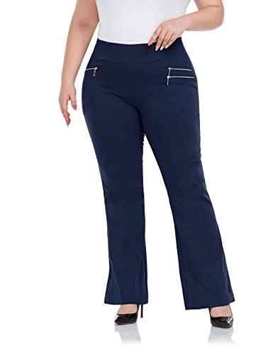 Inno Plus Size Dress Pants Women Bootcut Dress Pants Stretchy High Waisted Pull-on Slacks with Zipper Pockets Business Casual Work, Navy, XXL, 28" Inseam