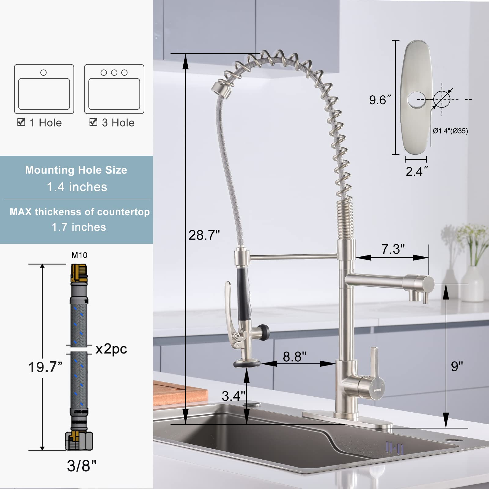 Commercial Kitchen Faucet with Pre-Rinse Sprayer, WOWOW Solid Brass Commercial Restaurant Faucet 1 or 3 Hole Spring Kitchen Faucet with Deck Plate, Brushed Nickel