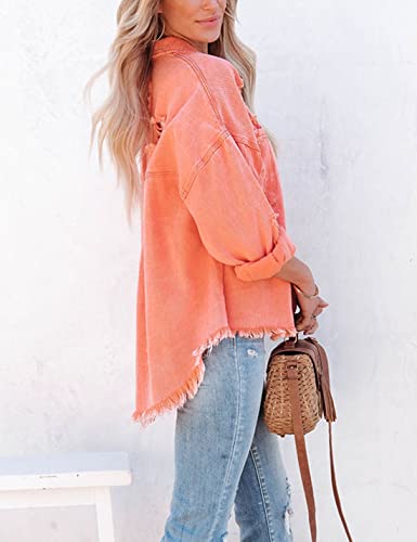 Lumister Womens Causal Oversized Button Distressed Jean Jacket Ripped Fringe Long Sleeve Denim Jacket With Pockets(0222-Orange-S)