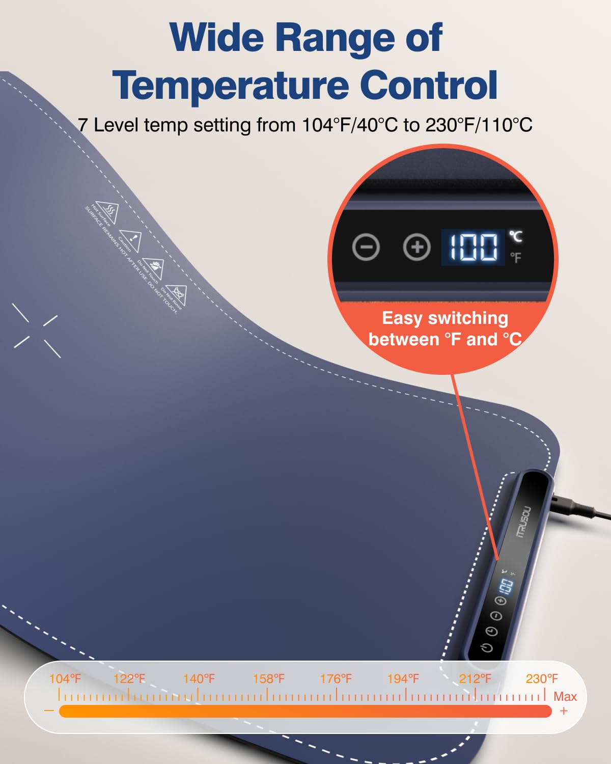 Electric Warming Tray, iTRUSOU Silicone Warming Mat for Food with 7 Temp-Settings, Switchable Celsius/Fahrenheit, 1-8Hr Auto Shut-Off, Upgrade Strap Keep Food Warm at Buffet, Party, Sabbath, Daily Use