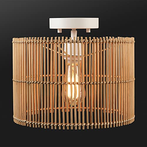 Globe Electric 65901 1-Light Flush Mount Ceiling Light, Matte White, Natural Bamboo Shade, Bulb Not Included