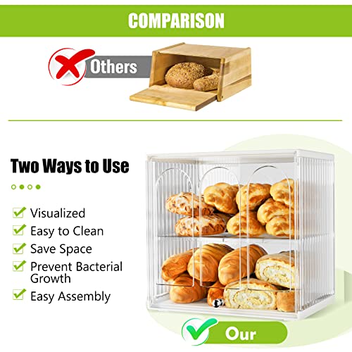 Double Layer Bread Box for Kitchen Countertop, Clear Bread Container, Large Bread Storage, Bread Boxes for Kitchen Counter