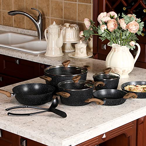 MAISON ARTS 12 Piece Pots and Pans Set Kitchen Cookware Sets Nonstick Granite Cooking Set for Induction & Dishwasher Safe, Oven, Stovetop, Black