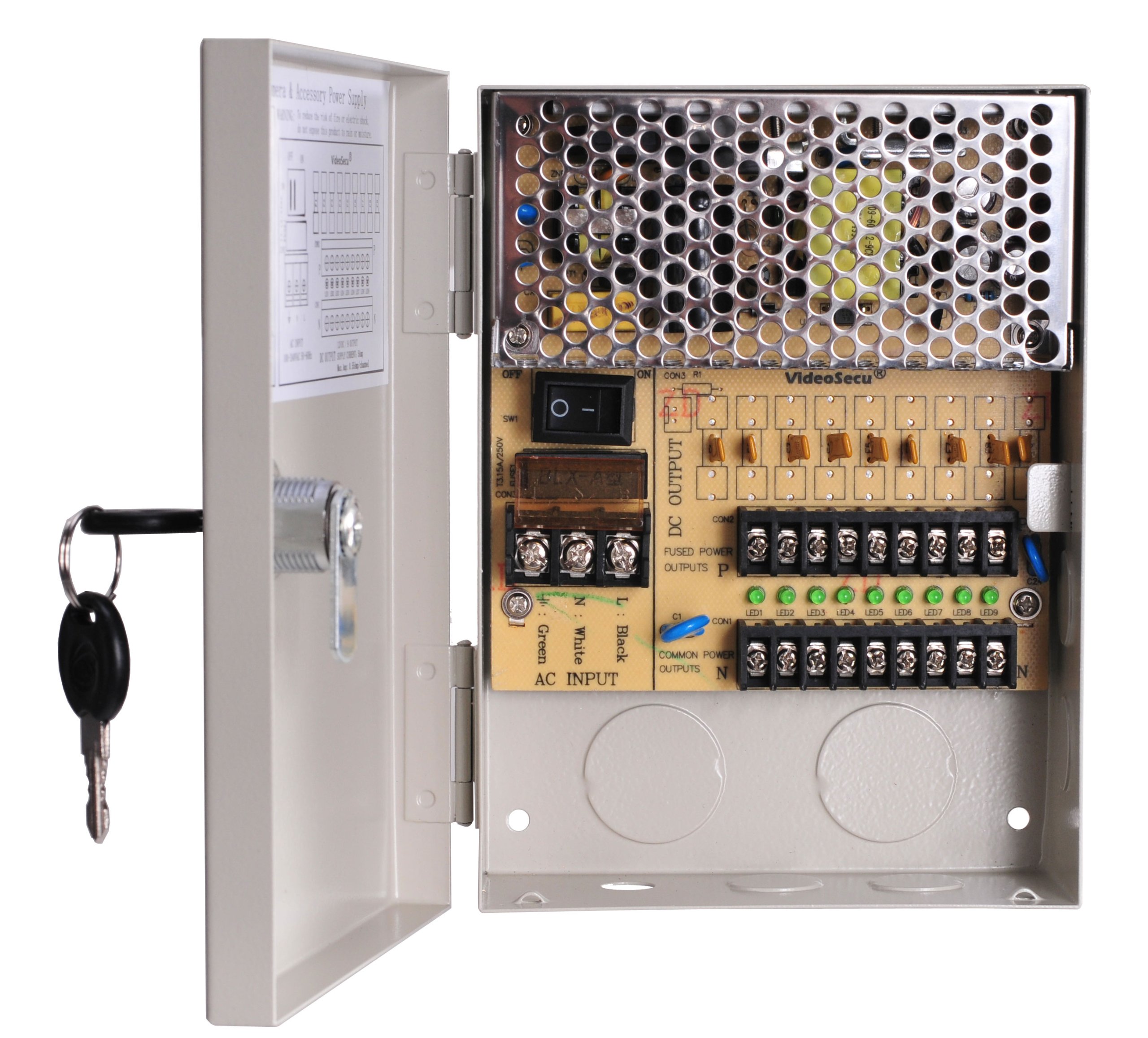 VideoSecu Key Lock 9 Output 12 V DC CCTV Distributed Power Supply Box Auto Reset for Security Camera WK9