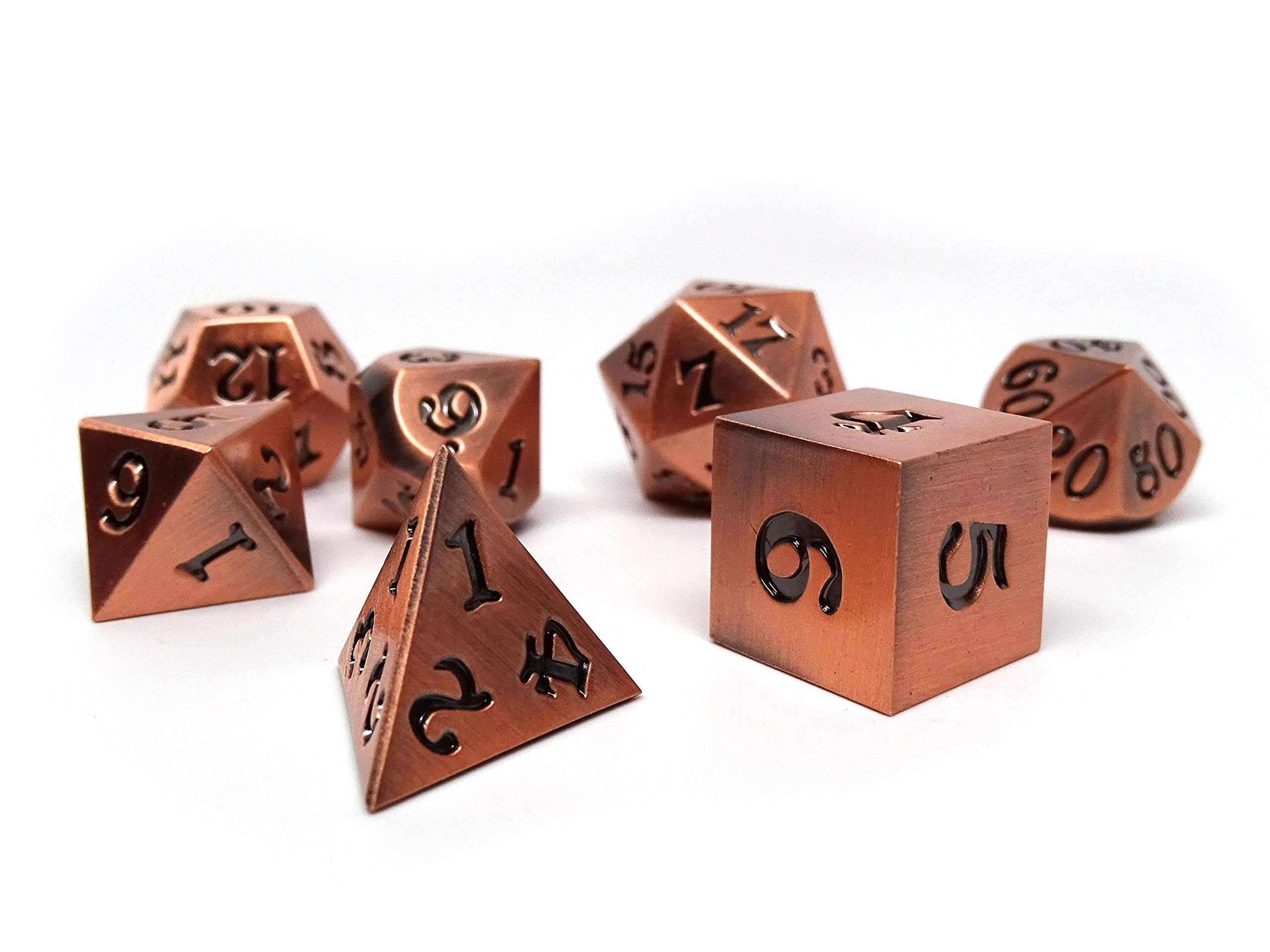 Legendary Copper Metal Polyhedral Dice Set with Black Signature Font - 7 Piece Collection