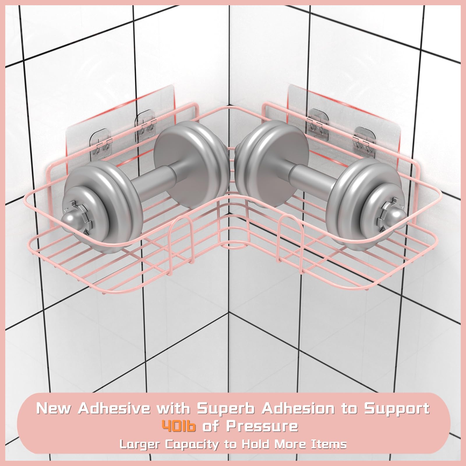 Corner Shower Caddy,4-Pack Adhesive Shower Organizer with Soap Holder,No Drilling Shower Shelves Stainless Steel Rustproof Shower Rack for Bathroom, Kitchen Storage,Pink