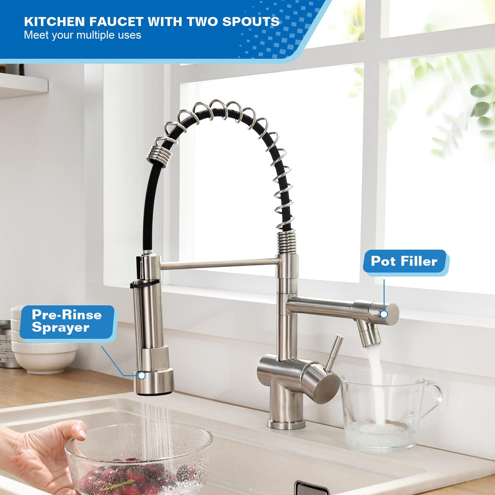 Commercial Kitchen Faucet, VFAUOSIT Kitchen Faucet with Pull Down Sprayer, Single Handle Kitchen Sink Faucet with Pot Filler, Brushed Nickel Stainless Steel Spring Sink Faucet