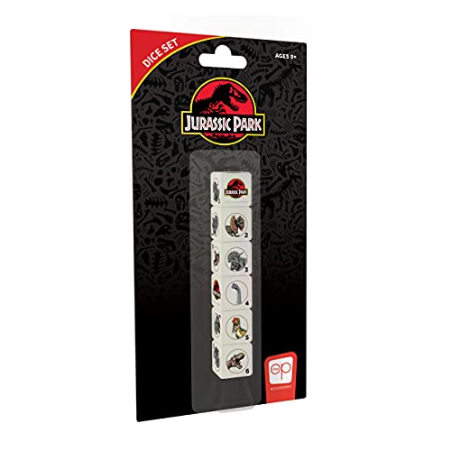 Jurassic Park Dice Set | Collectible d6 Dice Featuring Dinosaurs & More - Jurassic Park Logo, Dilophosaurus, Triceratops, Brachiosaurus, Velociraptor, and T-Rex | Officially Licensed 6-Sided Dice