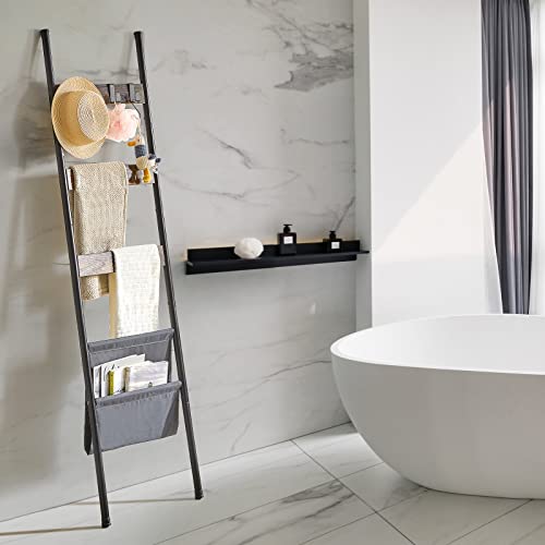 IBUYKE Blanket Rack Towel Rack Holder with Hooks Blanket Ladders Wall Leaning Metal Holder Rack for Living Room,Bathroom,Bedroom Home Decor Rustic Brown TTR001H