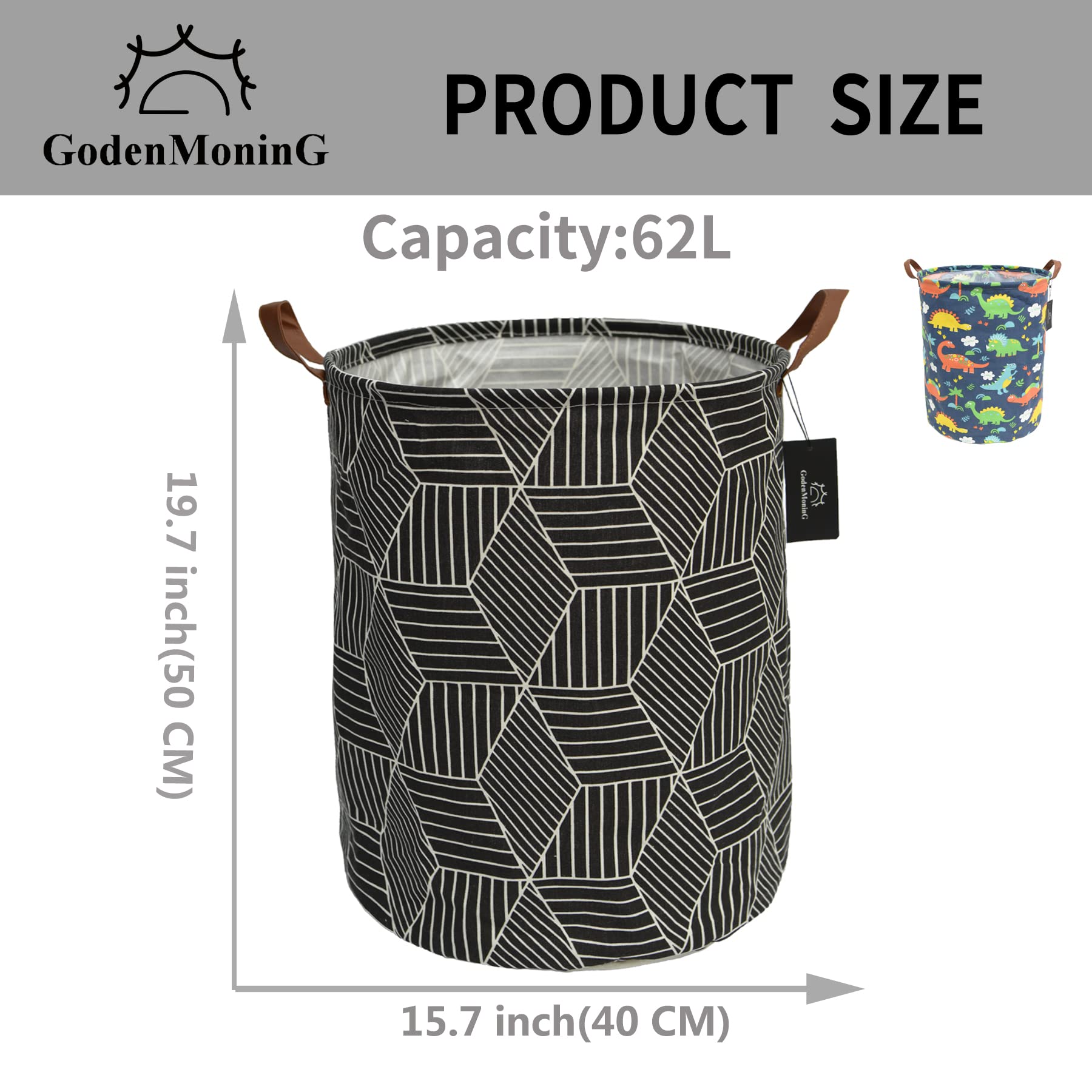 Collapsible Laundry Basket - GodenMoninG 2X 62.8L Large Sized Round Waterproof Storage Bin with Leather Handles,Home Decor,Toy Organizer,Children Nursery Hamper.(2 PACKS,Pine Tree & Grey Avocado)