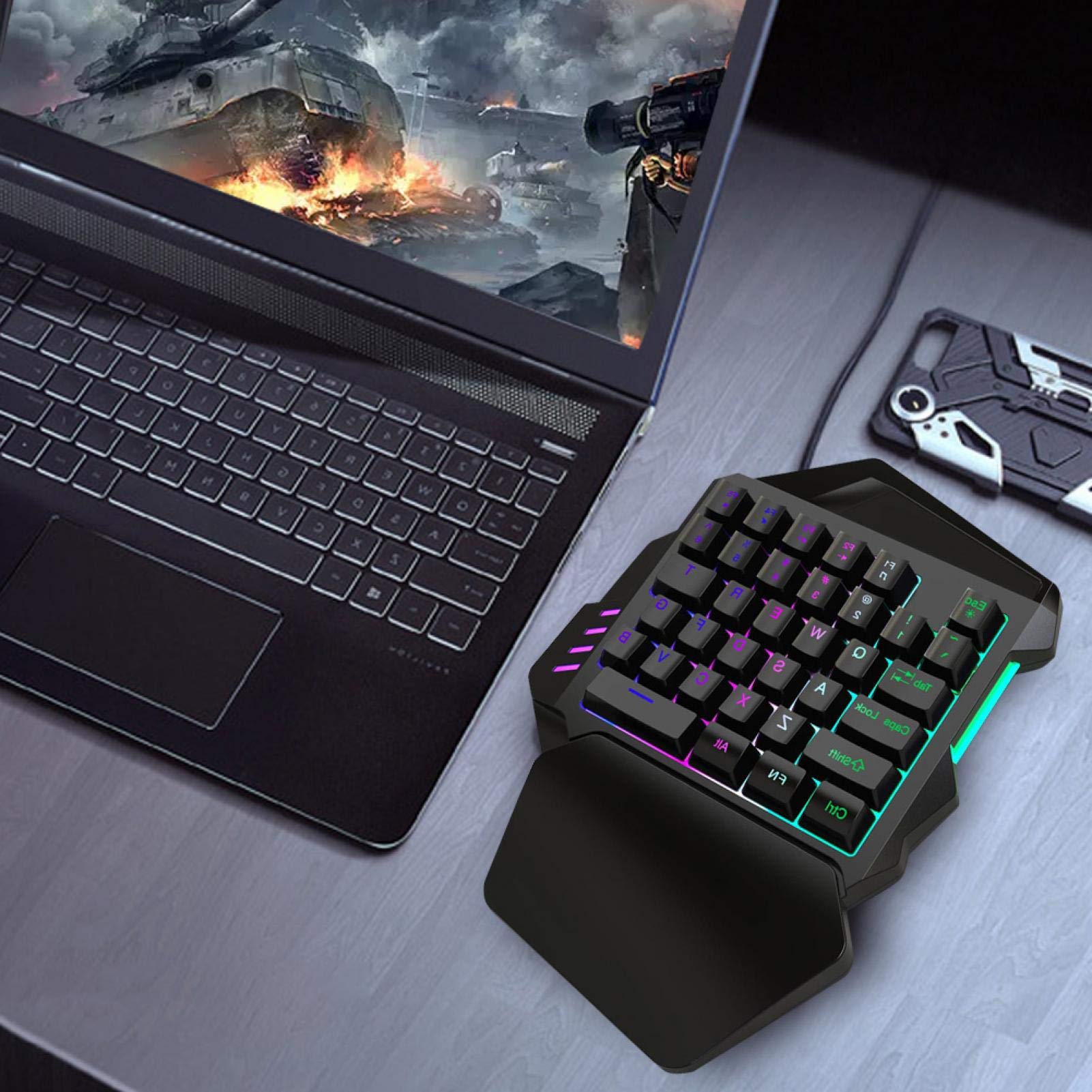 One Handed Gaming Keypad, Single Hand Membrane Keycap Gaming Keyboard with Breathing Lights Higher Achievement in The Game