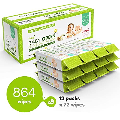 Yugi Baby Green Wipes Unscented Compostable Biodegradable and Organicā Value Pack (12 Packs of 72) 864 for Sensitive Skin