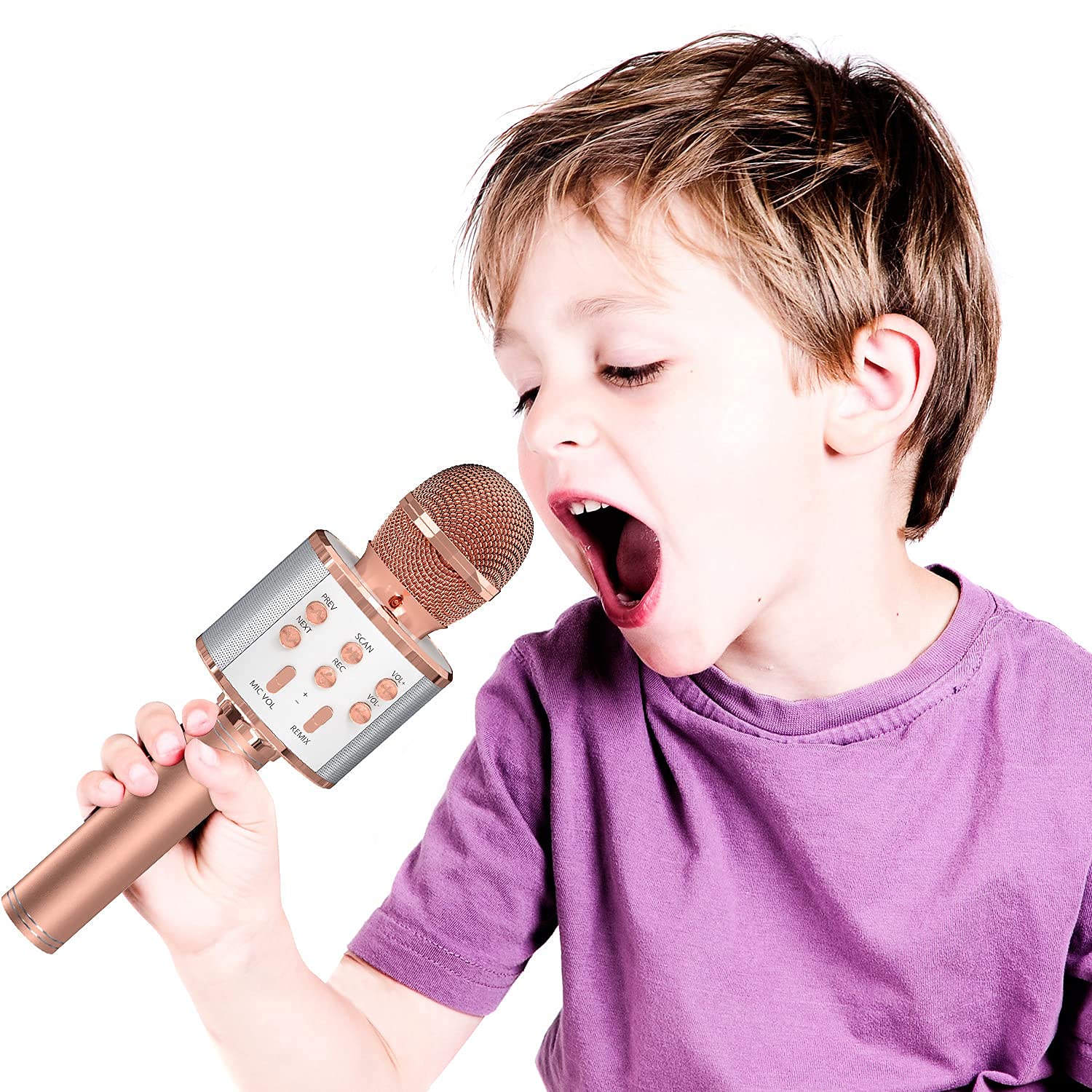 OVELLIC 2 Pack Karaoke Microphone for Kids, Wireless Bluetooth Karaoke Microphone for Singing, Portable Handheld Mic Speaker Machine, Great Gifts Toys for Girls Boys Adults All Age (Rose Gold & Blue)