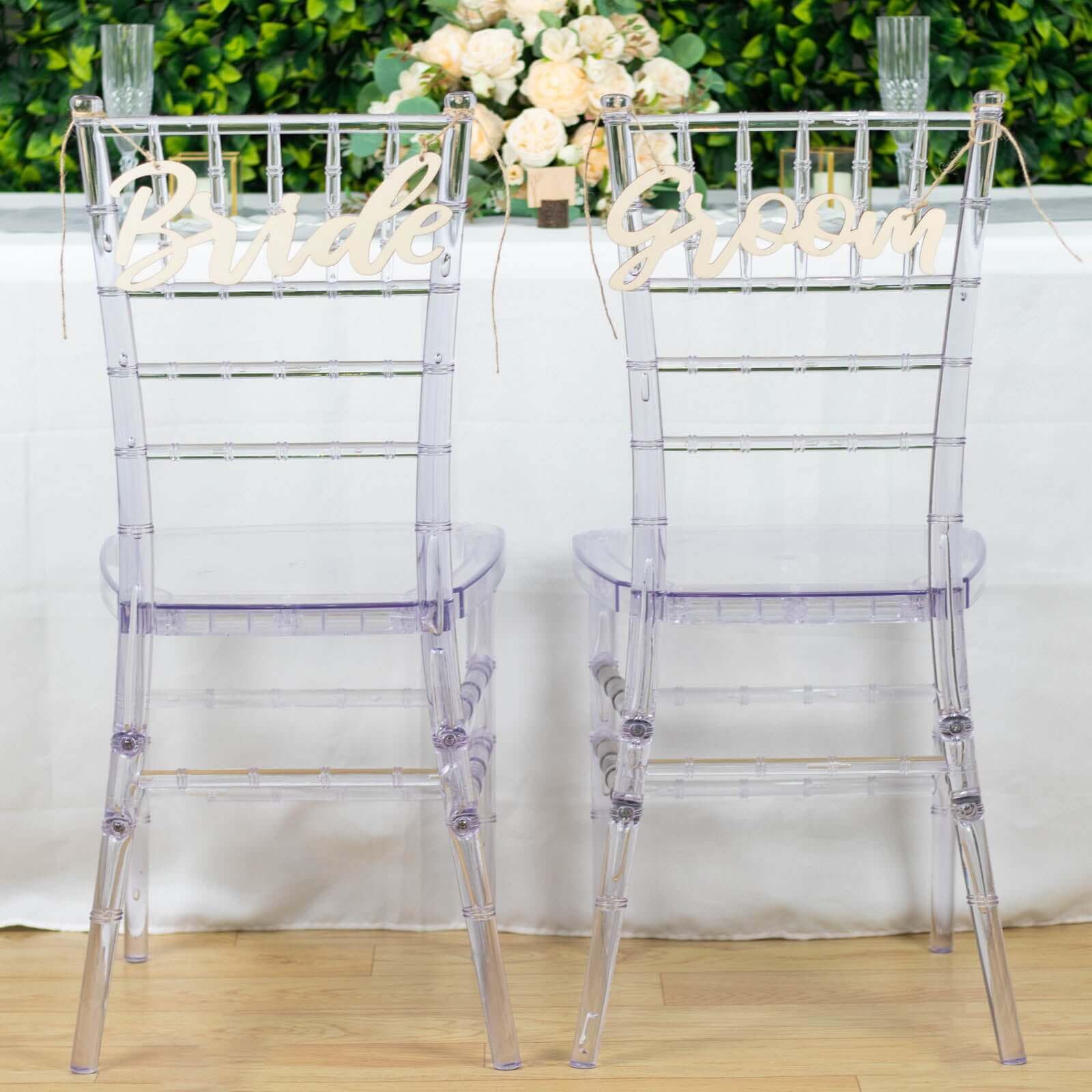 Efavormart Set of 2 | Natural Wood Bride and Groom Chair Signs, Wedding Photo Booth Props, Calligraphy Wall Hanging Decor - 12"X5"