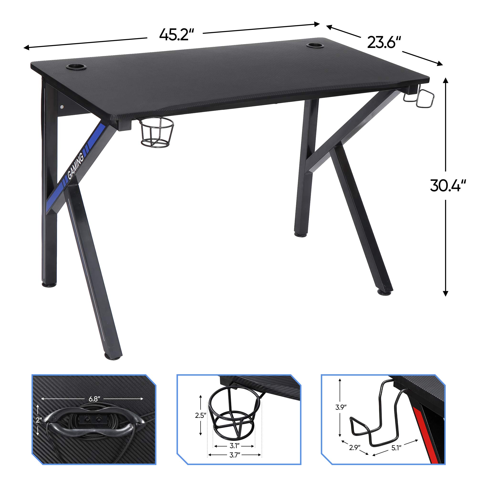 SUPER DEAL Gaming Desk 45" W x 23" D x 30" H Home Office Computer Desk w/Power Outlet, Free Red and Blue Stickers, Cup Holder, Headphone Hook, Black