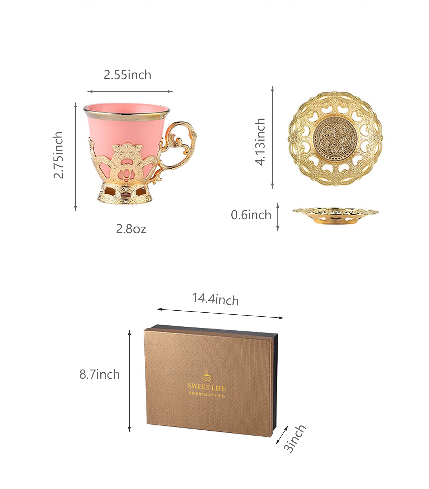 CMDHY Espresso Turkish Coffee Cups and Saucers for Women Tea Cups Set of 6 with Gift Box 2.8 Ounces (White-Golden)