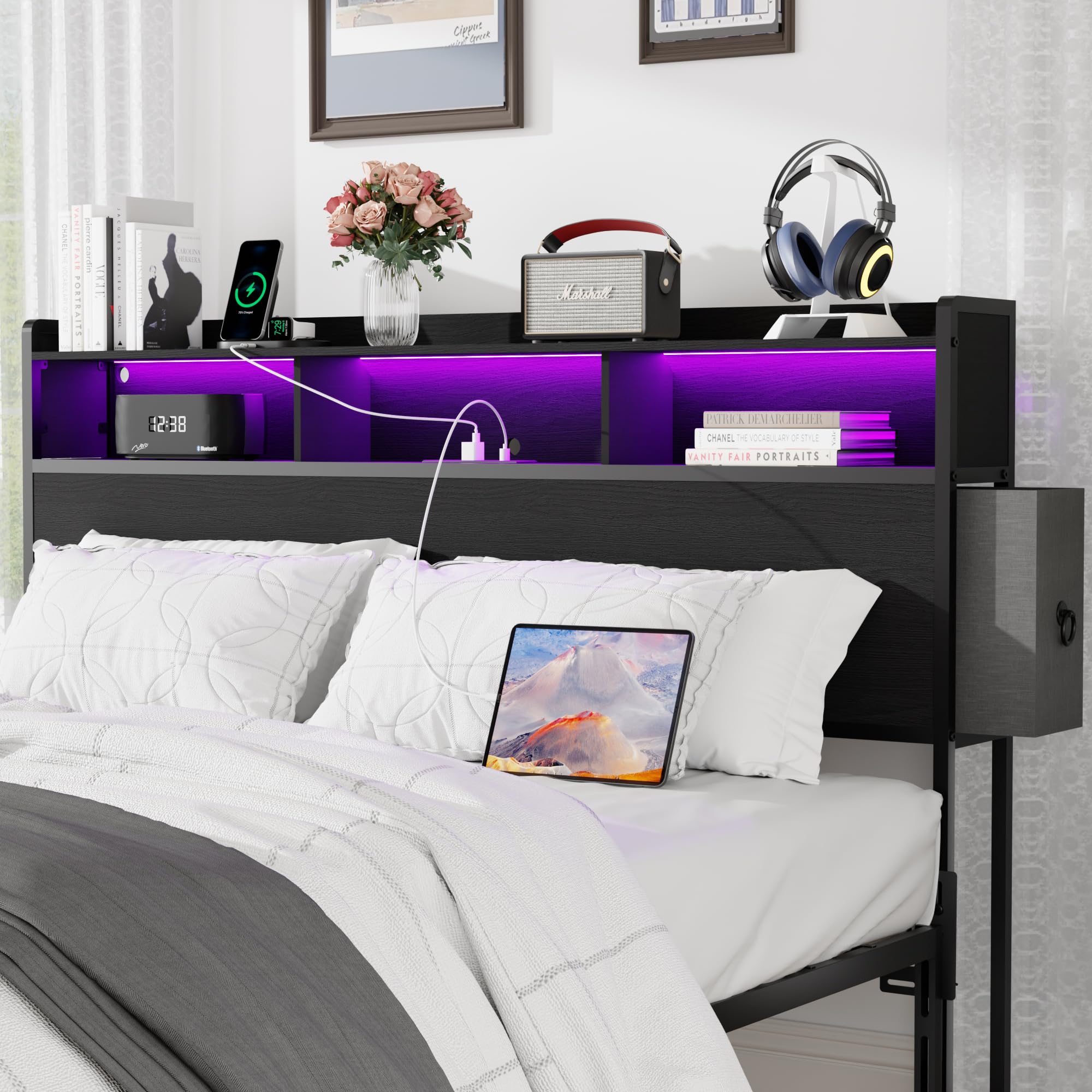 Decoholic King Size Headboard Only with Storage, Upholstered Headboard with Charging Station and LED Light, Sturdy and Stable, Easy to Assemble (Black+Barn Door, King)