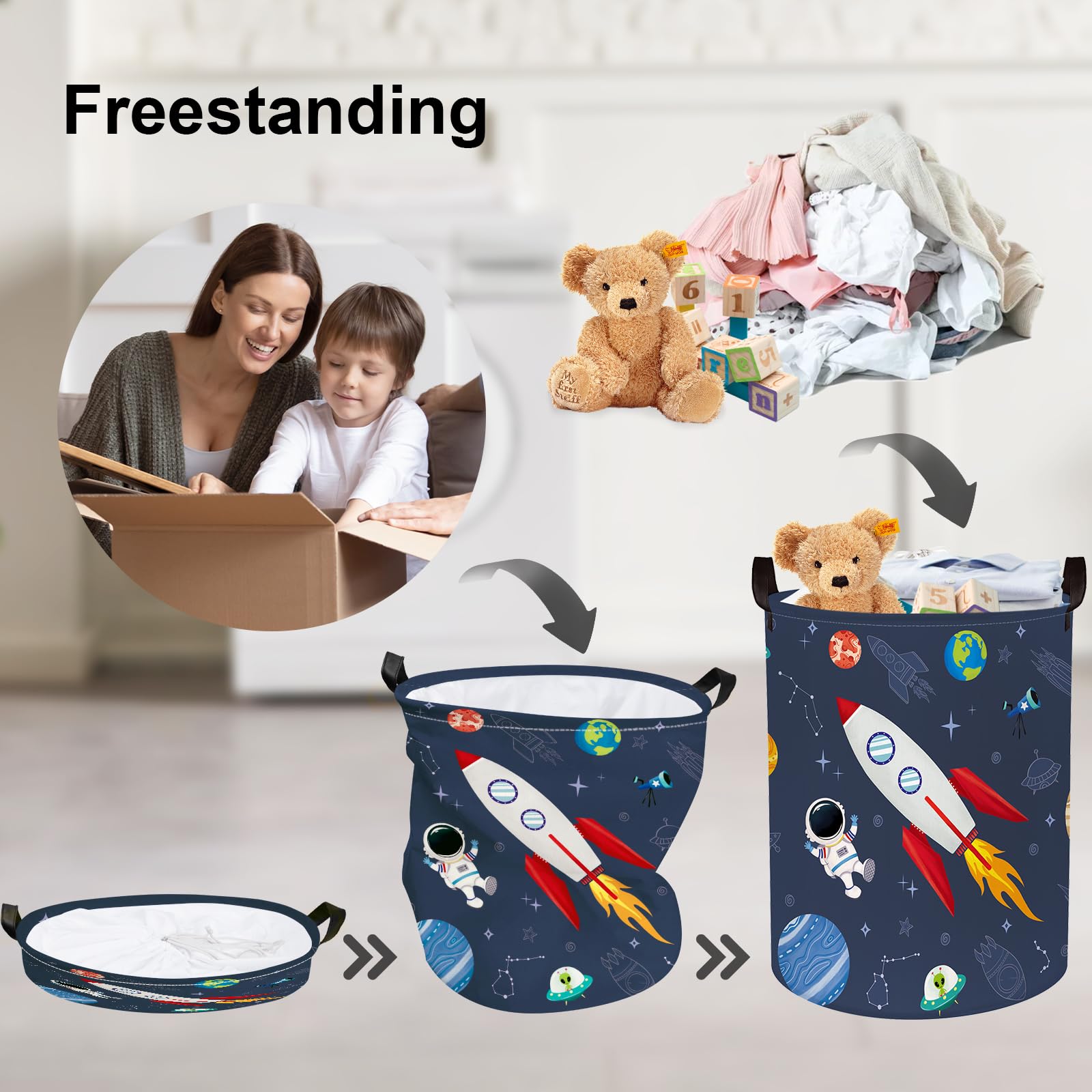 Clastyle 45L Rocket Astronaut Laundry Hamper for Bedroom Waterproof Collapsible Blue Universe Toys Storage Basket with Drawstring, 14.2 * 17.7 in