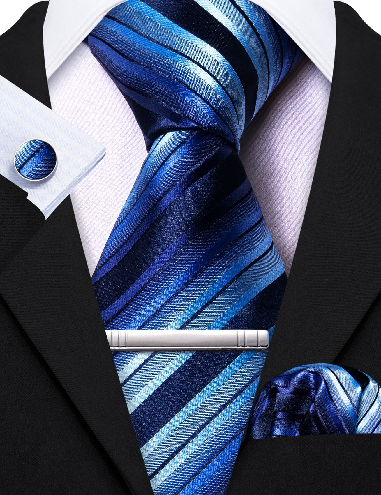 Barry.Wang Designer Blue Ties for Men Handkerchief Cufflink and Tie Clip Necktie Set Fashion