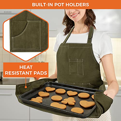 opux Chef Apron for Men, Kitchen Apron with Pockets for Women, Large Unisex Canvas Apron for Cooking Grilling BBQ Baking, Heavy Duty Apron for Work, Olive Green