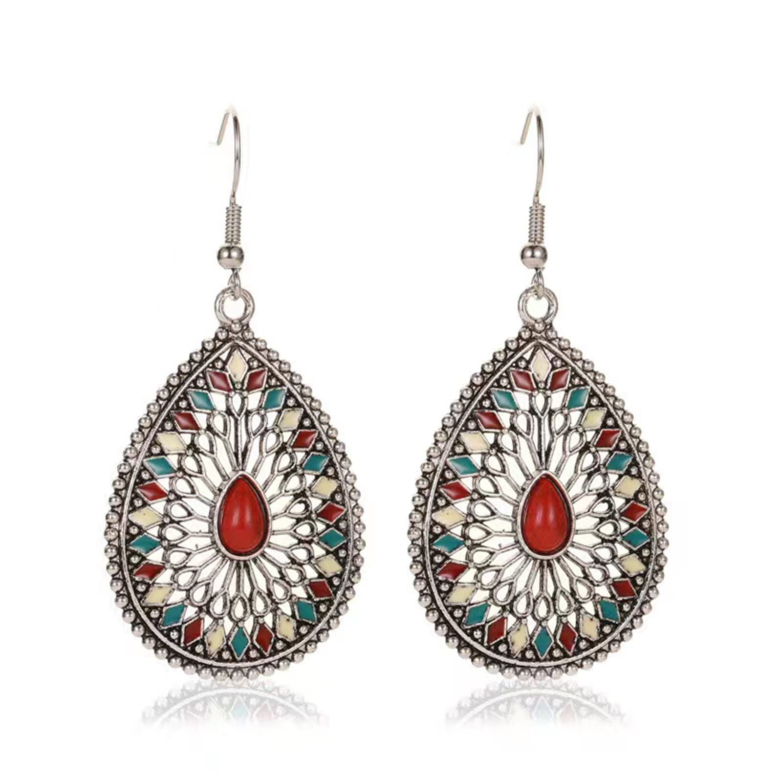 Boho Ethnic Water Drop Jewelry,Vintage Cutout Drop Earrings Set,Ethnic Colorful Drop Earrings,Fashion All-match Sculpted Earrings for Women.