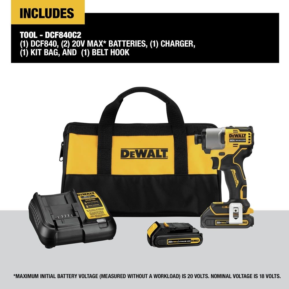 Dewalt DCF840C2R 20V MAX Brushless Lithium-Ion 1/4 in. Cordless Impact Driver Kit with 2 Batteries (1.5 Ah) (Renewed)