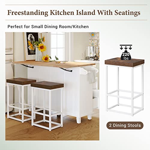 Farmhouse Counter Height Dining Table Set, Wooden Kitchen Island Prep Table with Storage for Apartment Small Places, 50" Breakfast Nook Table Set with 2 Stools, White