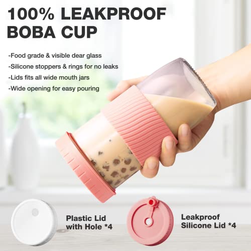 Mfacoy (4 Pack x 2 Size Boba Cup, 24oz & 16oz Bubble Tea Cup, Smoothie Cups with Lids and Stainless Straws, Reusable Boba Cup, Wide Mouth Mason Jar Drinking Glasses with Silicone Sleeve for Travel