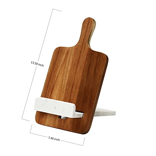 EVERBBKING Cookbook Stand,Acacia Wood Cutting Board Style Cookbook Holder for Kitchen Counter Adjustable iPad Tablet Recipe Book Stand with Marble Base