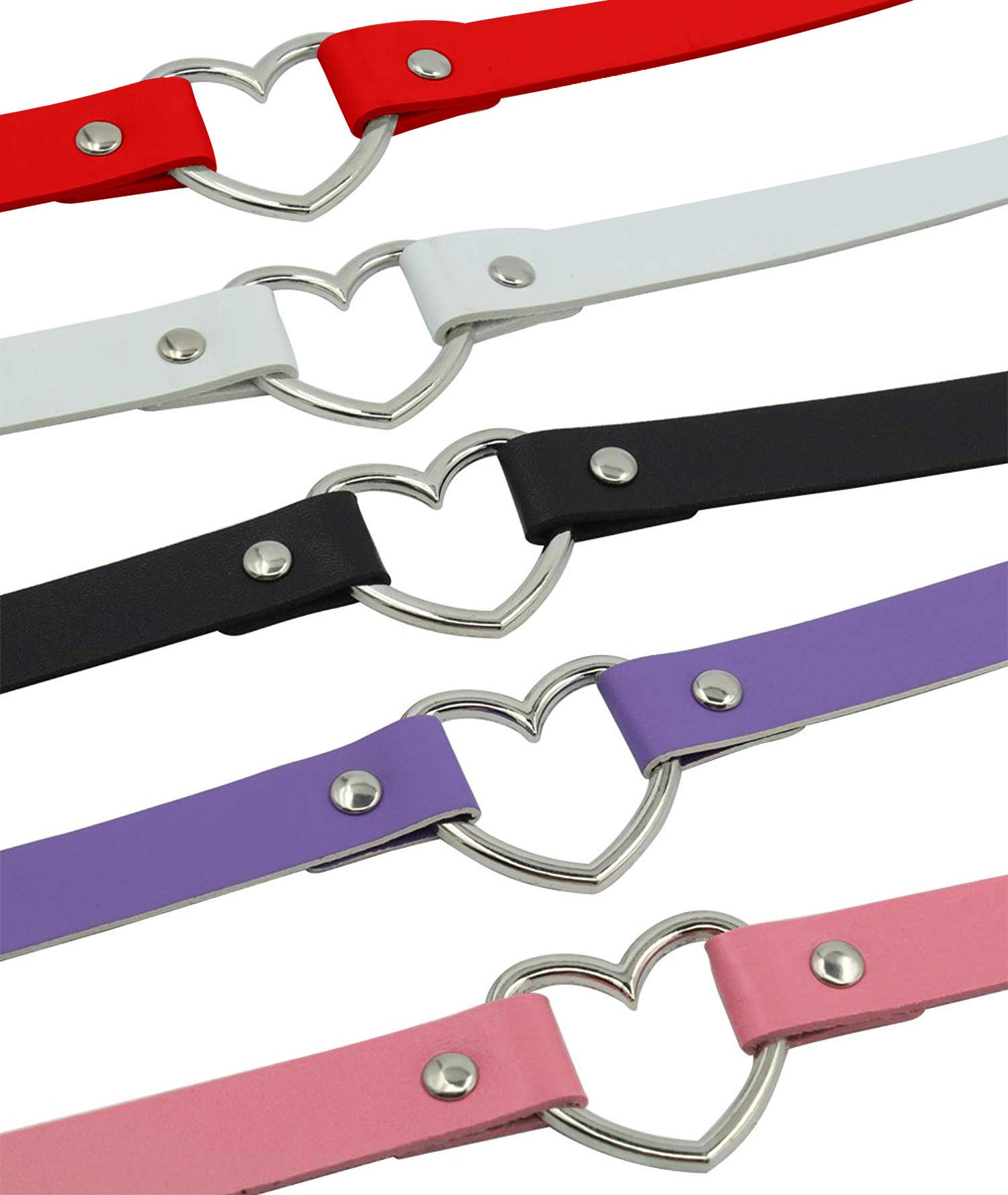 calary PU Leather Goth O ring and Love Heart Collar Chain for Women Girl (5 Set L Multied 5)