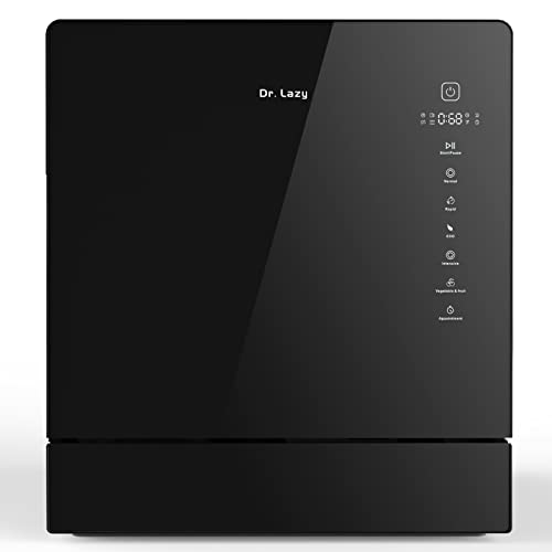 Dr. Lazy Countertop Dishwasher, Portable Dishwasher with 4 Place Settings, 5 Washing Programs, Hot Air Drying & Storage, Compact Dish washer for Dorm, RV& Apartment, Black