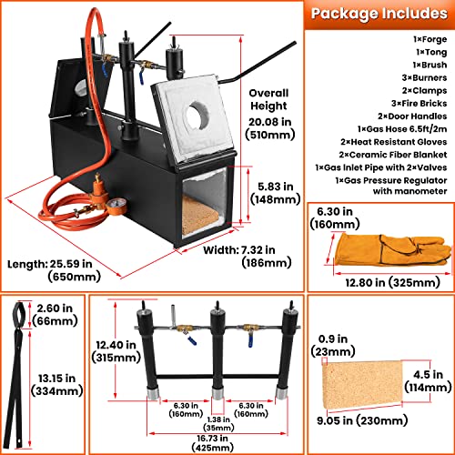 Triple Burners Portable Propane Gas Forge Three Burners 2600°F/1425℃ Large Capacity Square Forging Furnace for Blacksmithing Farrier Knife Tool Making Equipment with Tong & Gloves