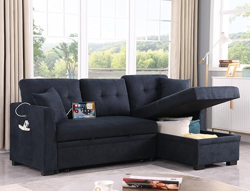 FANYE L-Shaped Reversible Pull Out Sleep Sofabed, Modern Velvet Upholstered Tufted Sleeper Sectional Sofa with Storage Chaise, USB Charging Ports, Side Pockets and 2 Pillows for Living Room