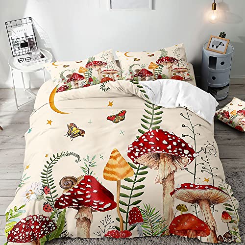 LUVIVIHOME 3PCS Red Mushroom Bedding Set, Cottagecore Aesthetic Boho Duvet Cover Full, Moon and Stars Butterfly Snail Green Plant Botanical Fungus Beige Comforter Bedspread Quilt Cover, 2 Pillow Shams