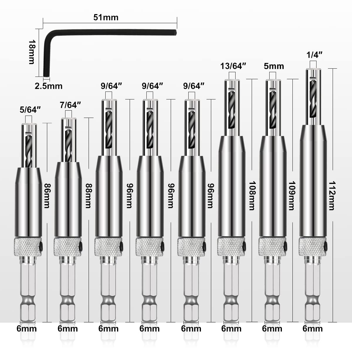 COMOWARE 17pcs VIX Bits Self Centering Drill Bit Set, 1/4" Hex Shank Self Centering Hinge Drill Bit Set for Woodworking Window Door Hinge, Quick Change with 1 Hex Key & 8 Drill Bits 5/64-1/4”
