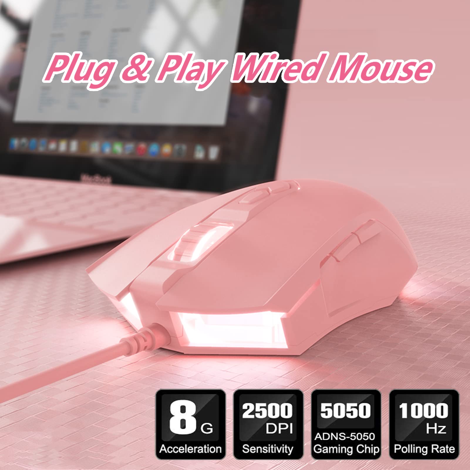 Lomiluskr AJ52 Gaming Mice Wired, Programmable 7 Buttons, Computer Mice with RGB LED Backlit, 500-2750 DPI Adjustable,for Windows/Mac OS/Linux (Pink-Old Packing)